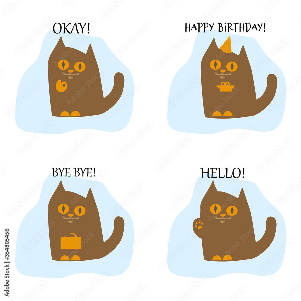 Set of vector illustrations. Cat with various gestures, symbols ...