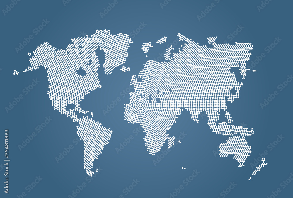 Isolated vector dotted world map on blue background. Computer abstract ...