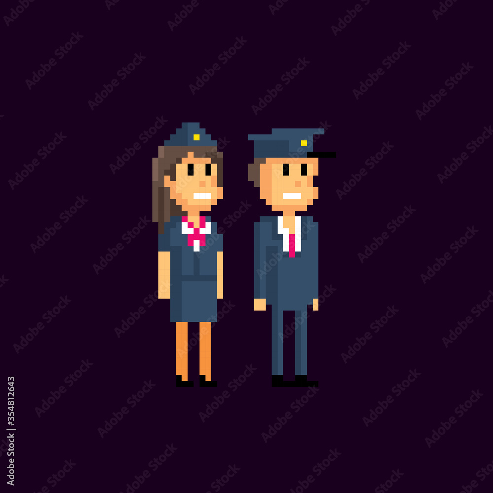 Pilot, stewardess, flight attendant icon set. Pixel art. Old school ...