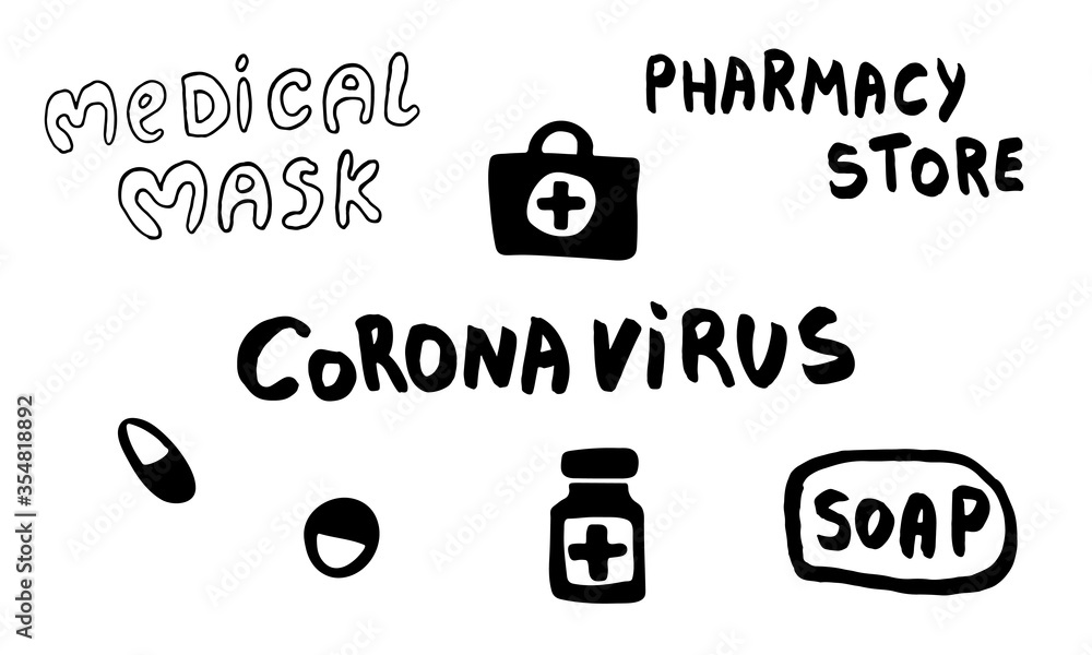 Collection of vector hand drawn medicine illustrations. Handwritten ...