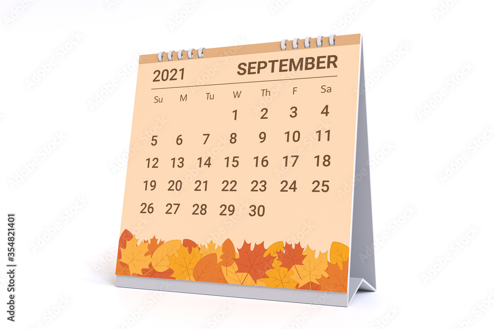 3D Rendering - Calendar for September with autumn leaves theme. 2021 ...