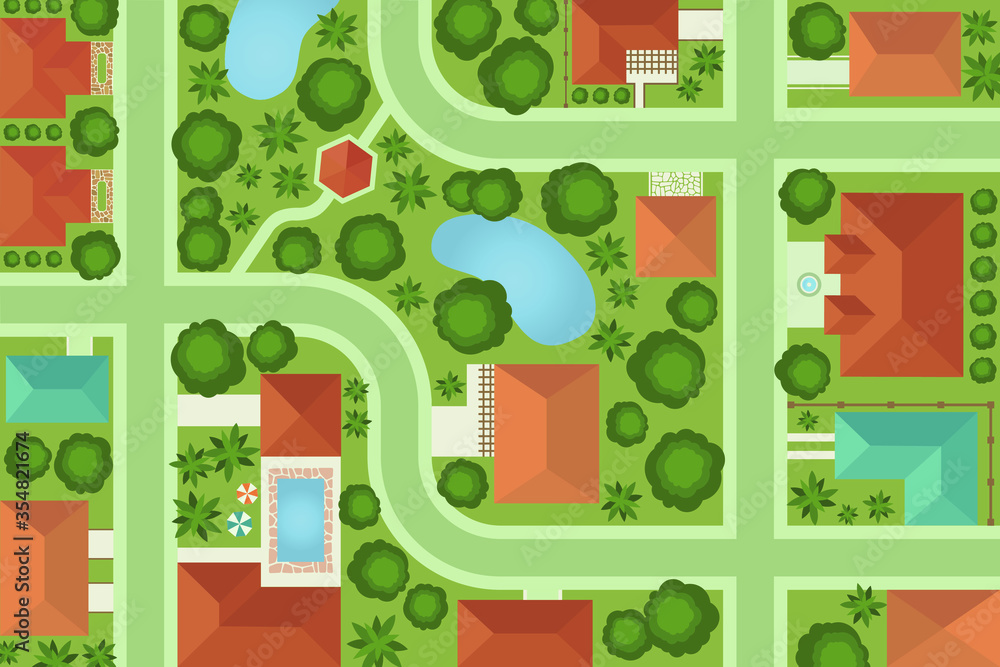 Aerial view of neighborhood houses and parks, residential city map ...