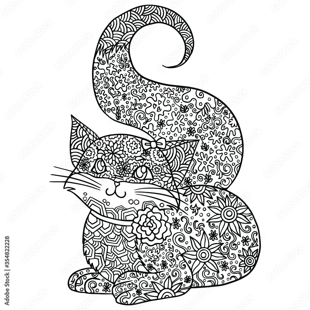 Vector illustration of a kitten in doodle style. Outline art of cat for ...