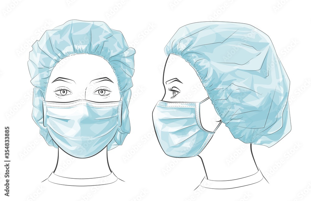 Vector illustration Woman wearing disposable medical surgical face mask ...