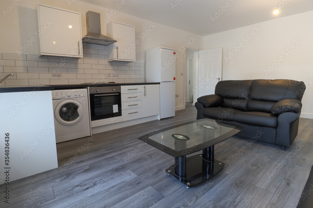 A modern British apartment living room and kitchen with black leather ...