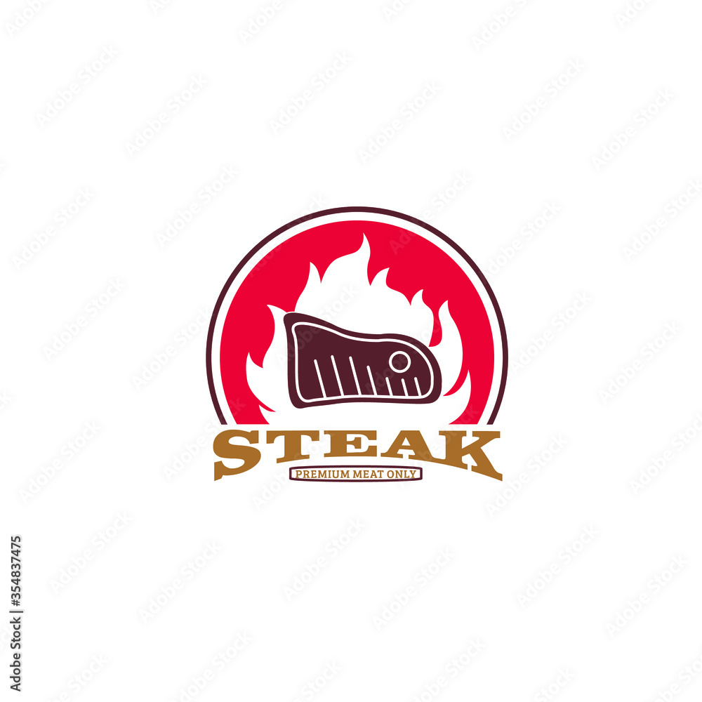 Steak restaurant logo vector with curved uppercase text, brown meat ...
