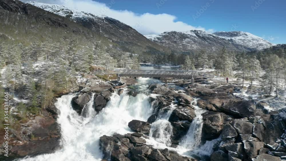 Aerial view of the Likholefossen waterfall on Gaula river in Norway. A ...