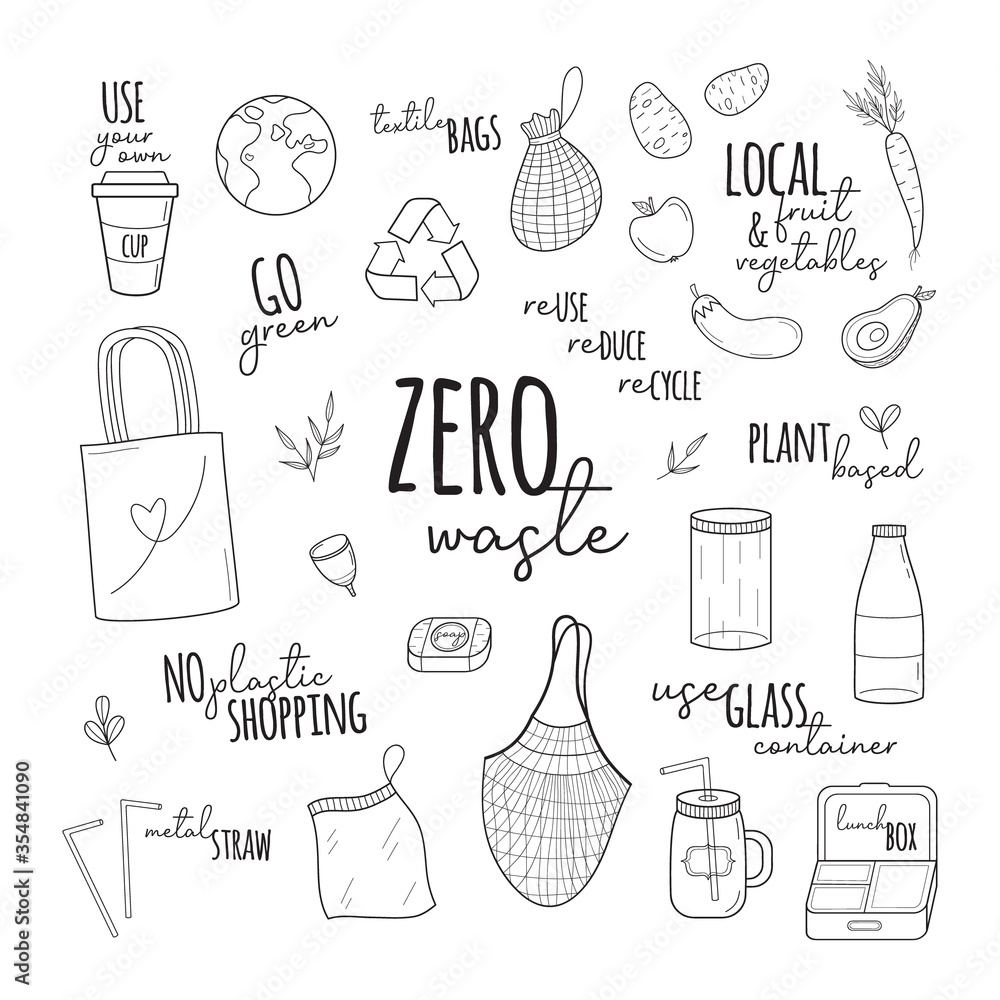 Zero waste vector illustration set. Hand drawn environment-friendly ...