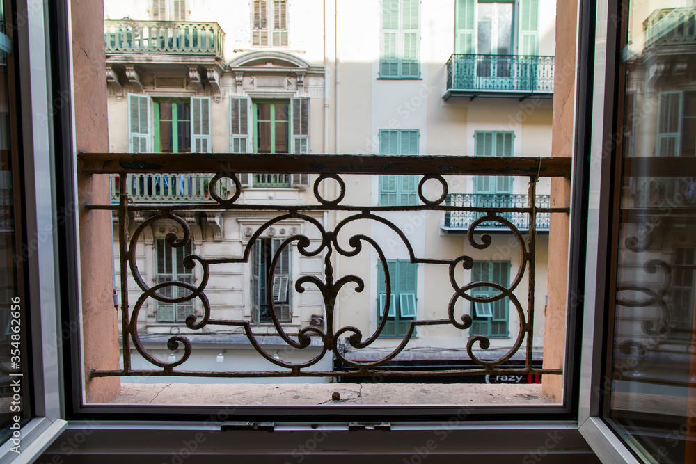 Nice, France, October 8, 2019. A view from a window of a typical city ...