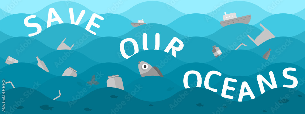 A vector banner with save our oceans massage, blue waves ocean ...