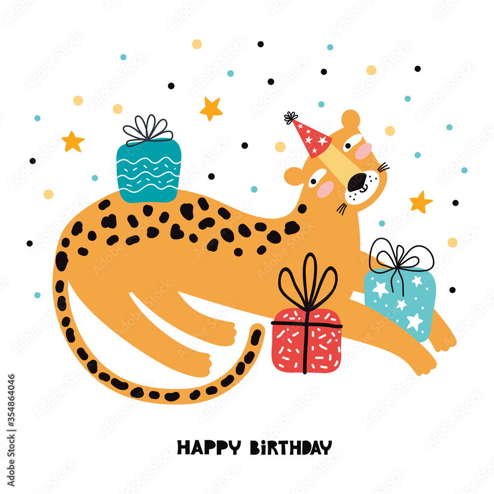 Party leopard hand drawn vector illustration. Happy birthday greeting ...
