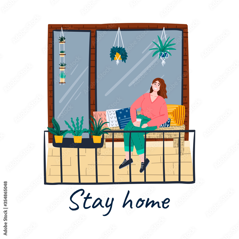 Stay home. Girl or woman rests at home. Person is chilling on a balcony ...