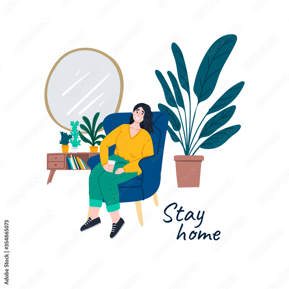 Stay home. Young girl or woman chilling at home. Smiled relax person ...