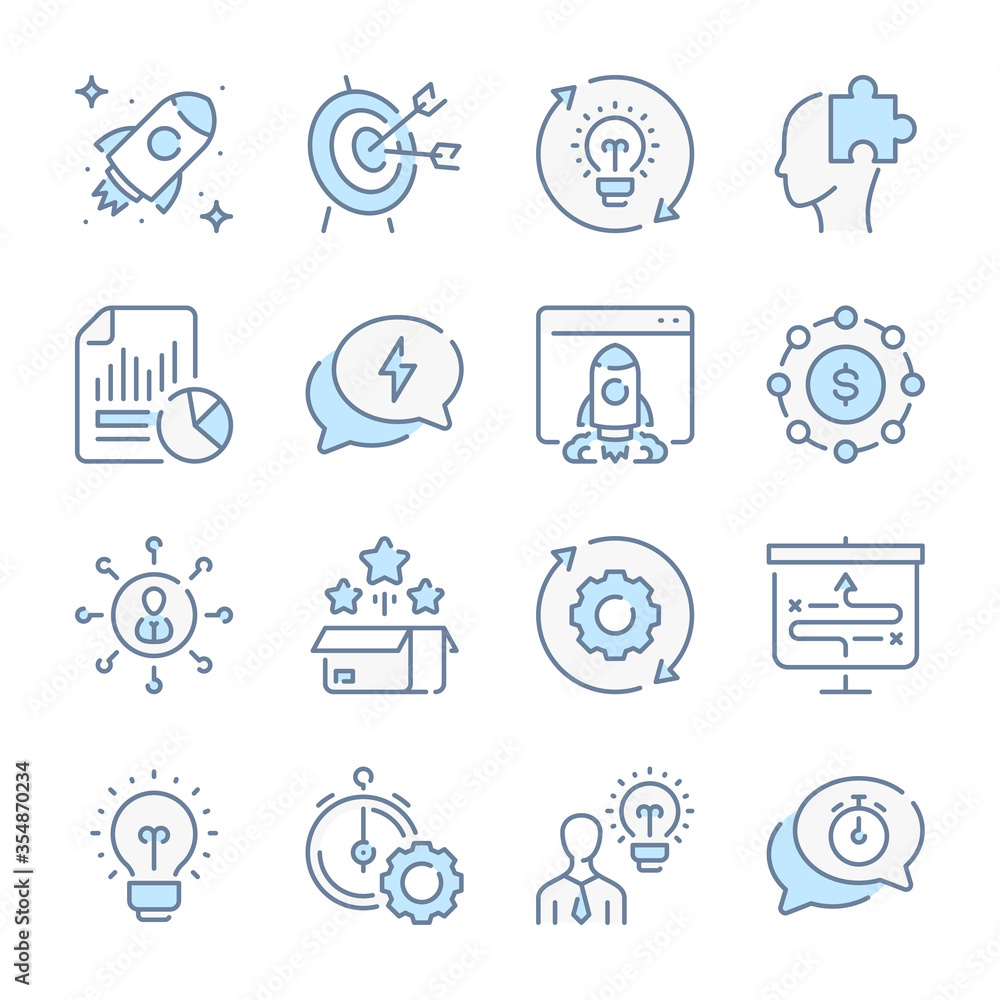 Startup and Creative ideas related blue line colored icons. Launch of ...