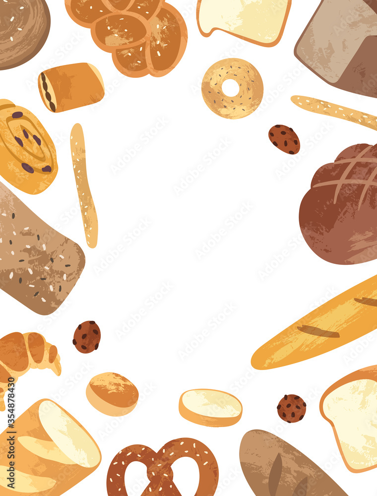 Set of different types, shapes and sizes of breads and homemade baked ...