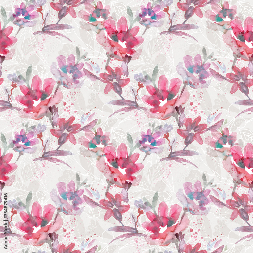 Watercolor Flowers Seamless Pattern. Stock Illustration | Adobe Stock