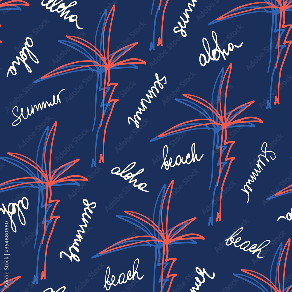 Doodle Hand Drawn Palms Hawaiian Beach Shirt Vector Seamless Pattern ...