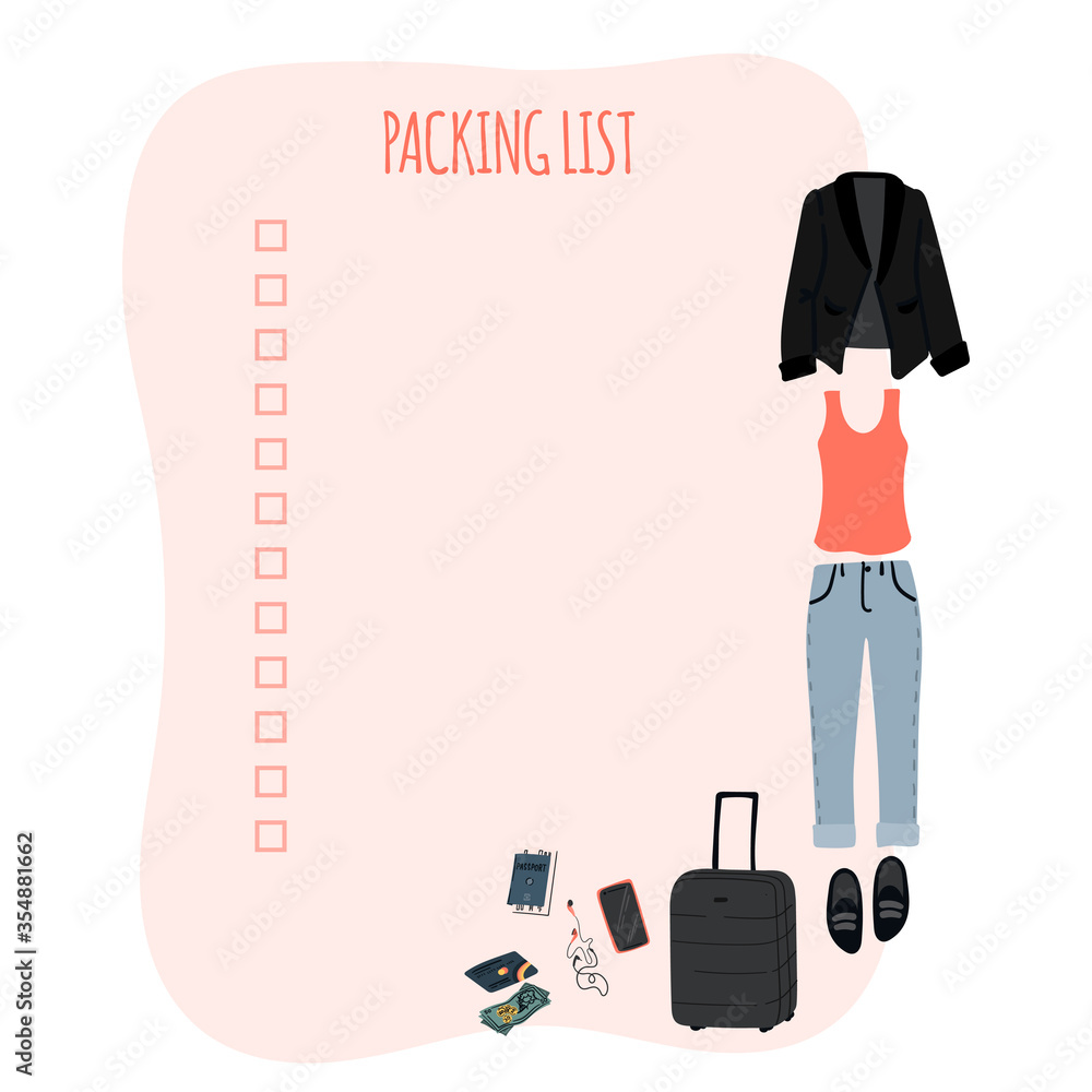Packing list template for travel, tourism and vacations with hand drawn ...