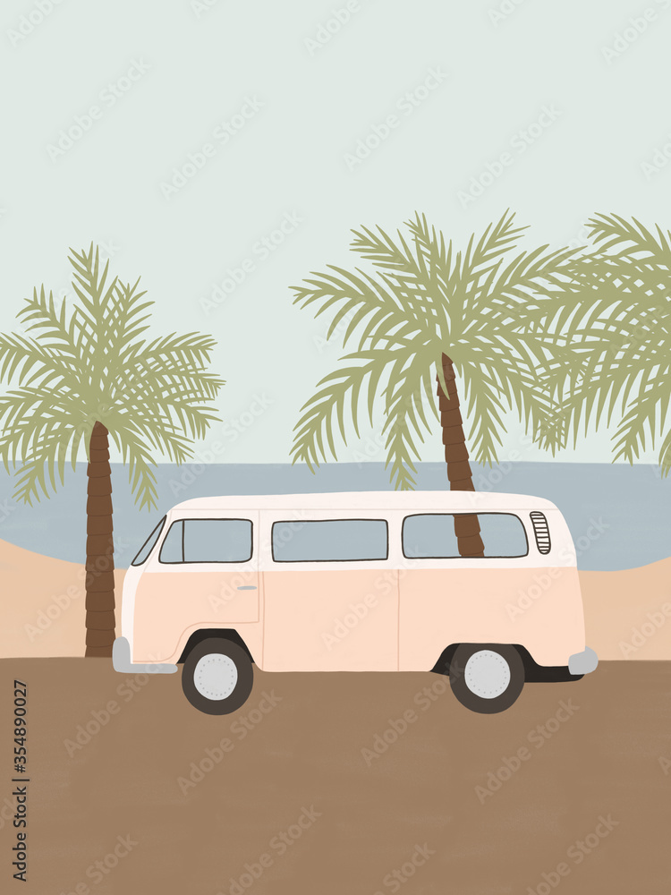 Retro Camper Van On The Beach Stock Illustration | Adobe Stock
