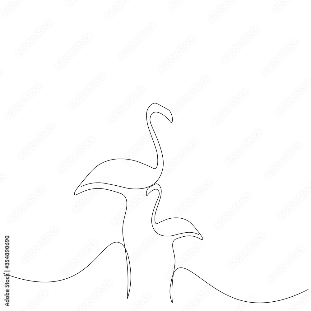 Flamingo birds family line drawing, vector illustration Stock Vector ...
