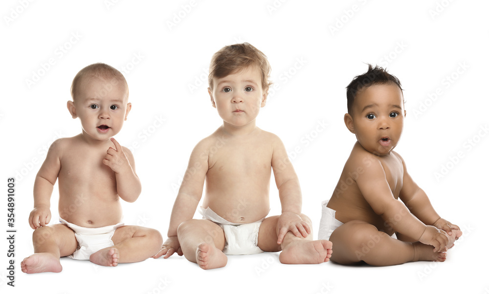 Collage with photos of cute babies in diapers on white background Stock ...