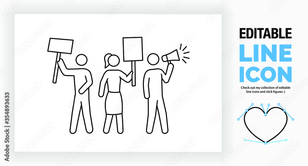 Editable line icon of stick figure people protesting, part of a huge ...