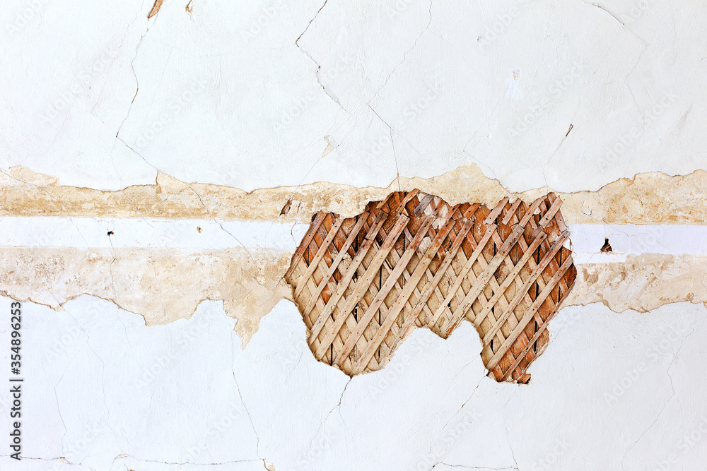 Old damaged vintage destroy the wall with cracks, scratches, wooden ...