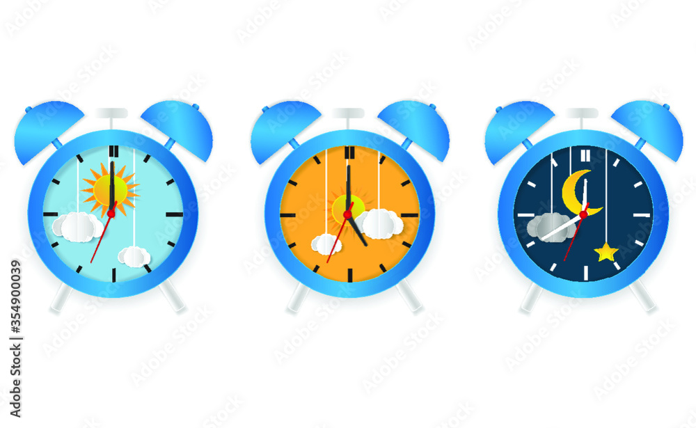 day night concept clock face vector illustration. Blue sky with clouds ...