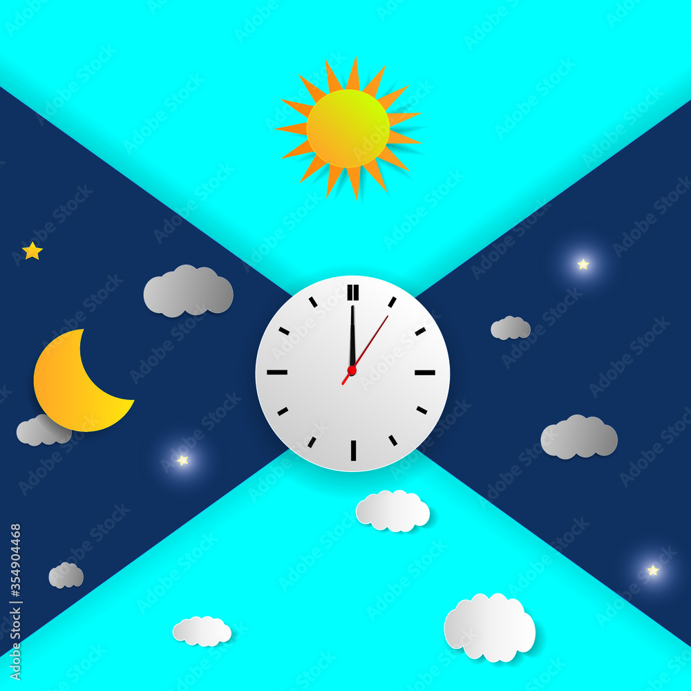 Clock with day night concept clock face vector illustration. Blue sky ...