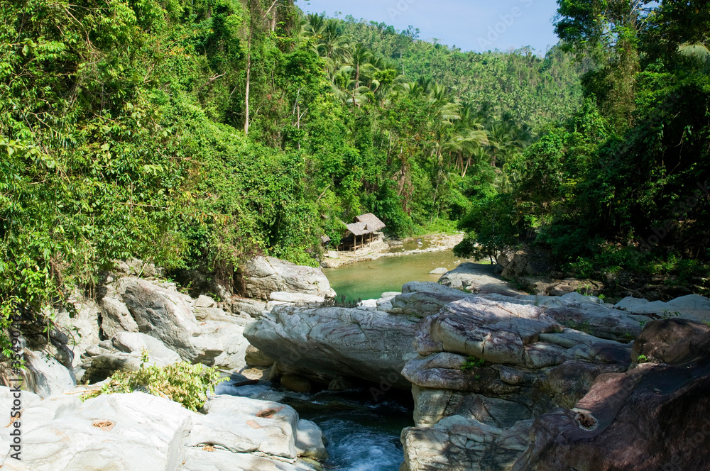 Amazing river with smooth rocks and series of waterfalls in the ...