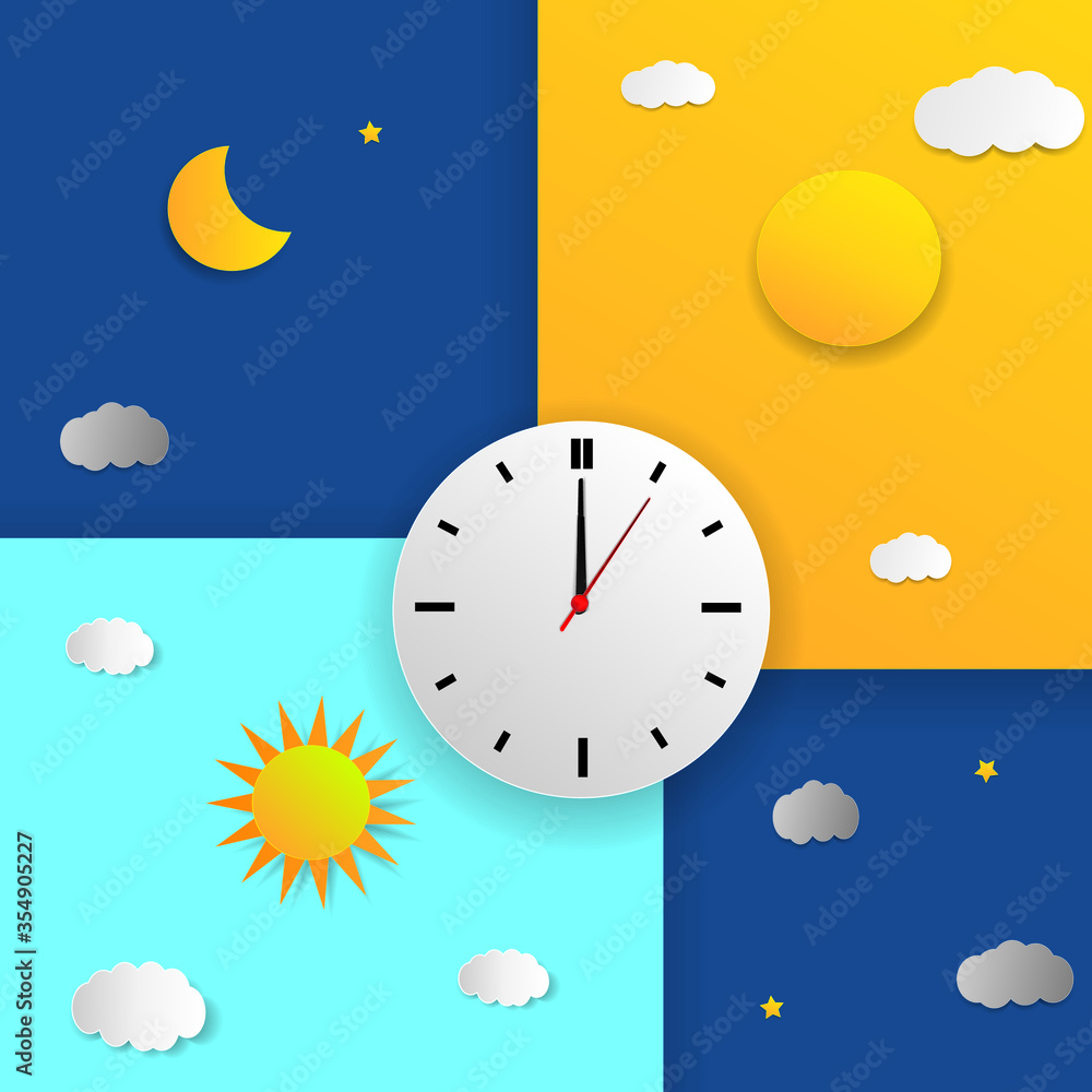 Clock with day night concept clock face vector illustration. Blue sky ...