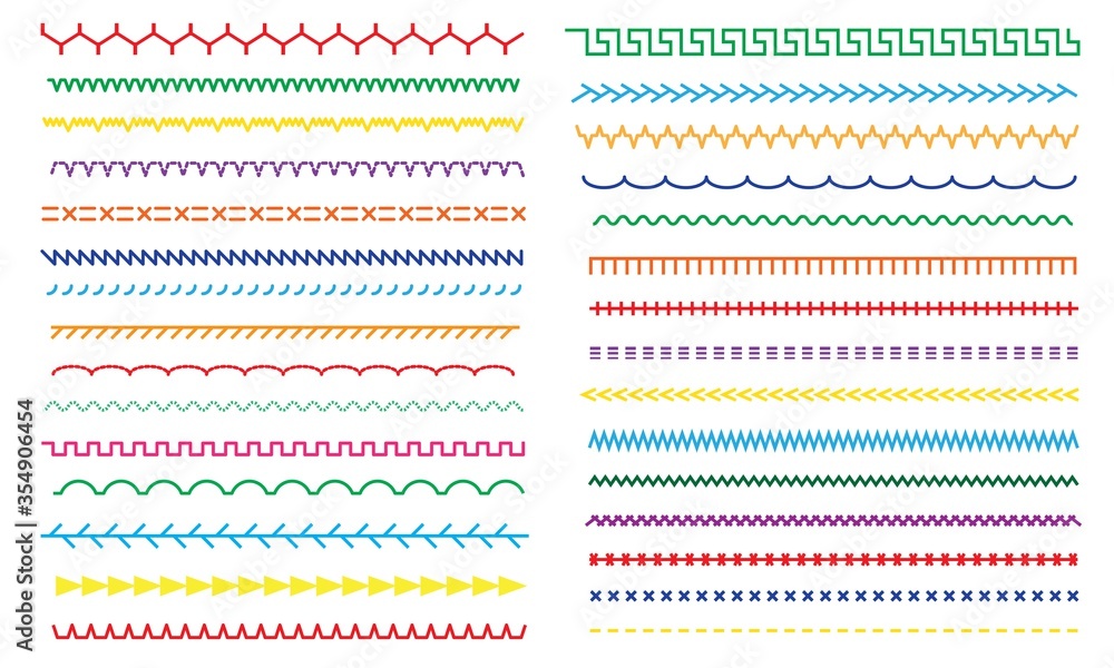 Stitched borders set. Multicolored illustration of sewing machine seams ...
