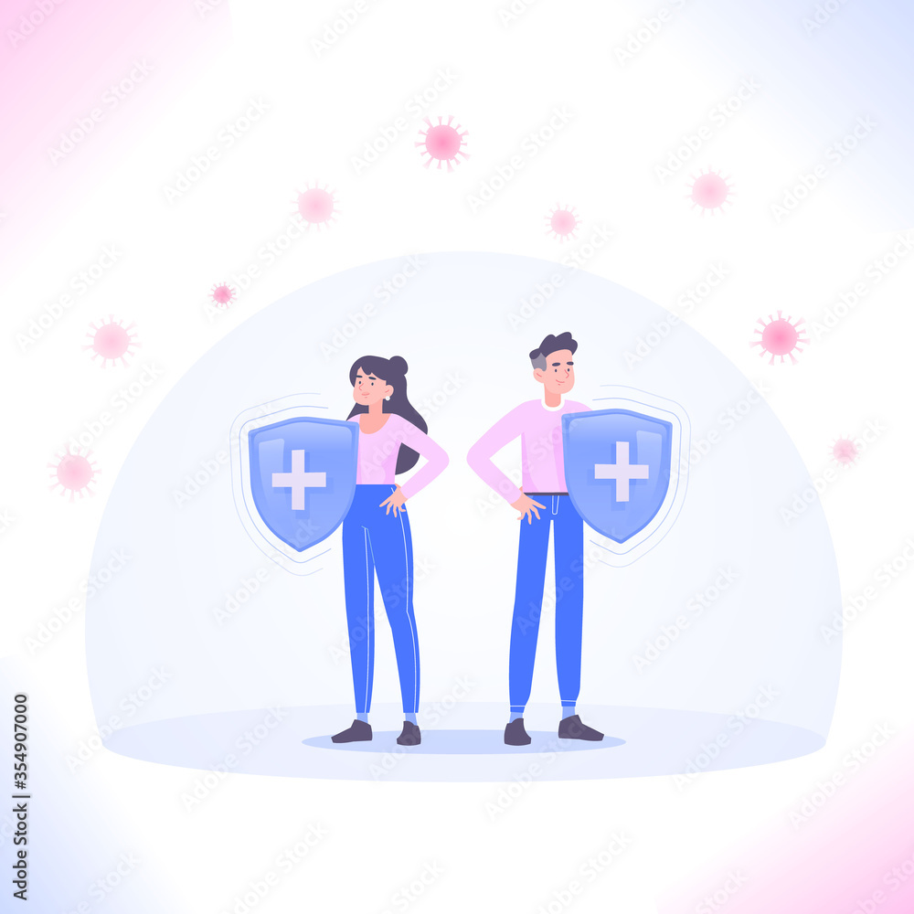 Antibacterial shield concept. Protection against diseases. People ...