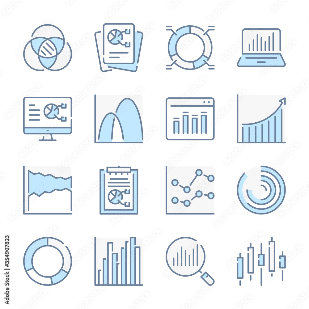 Chart and graph related blue line colored icons. Report and diagram ...