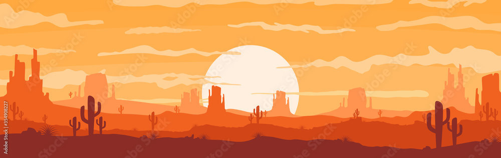 Vector illustration of sunset desert panoramic view with mountain and ...