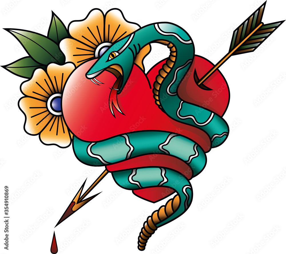 Snake, heart and arrow bright tattoo design Stock Vector | Adobe Stock