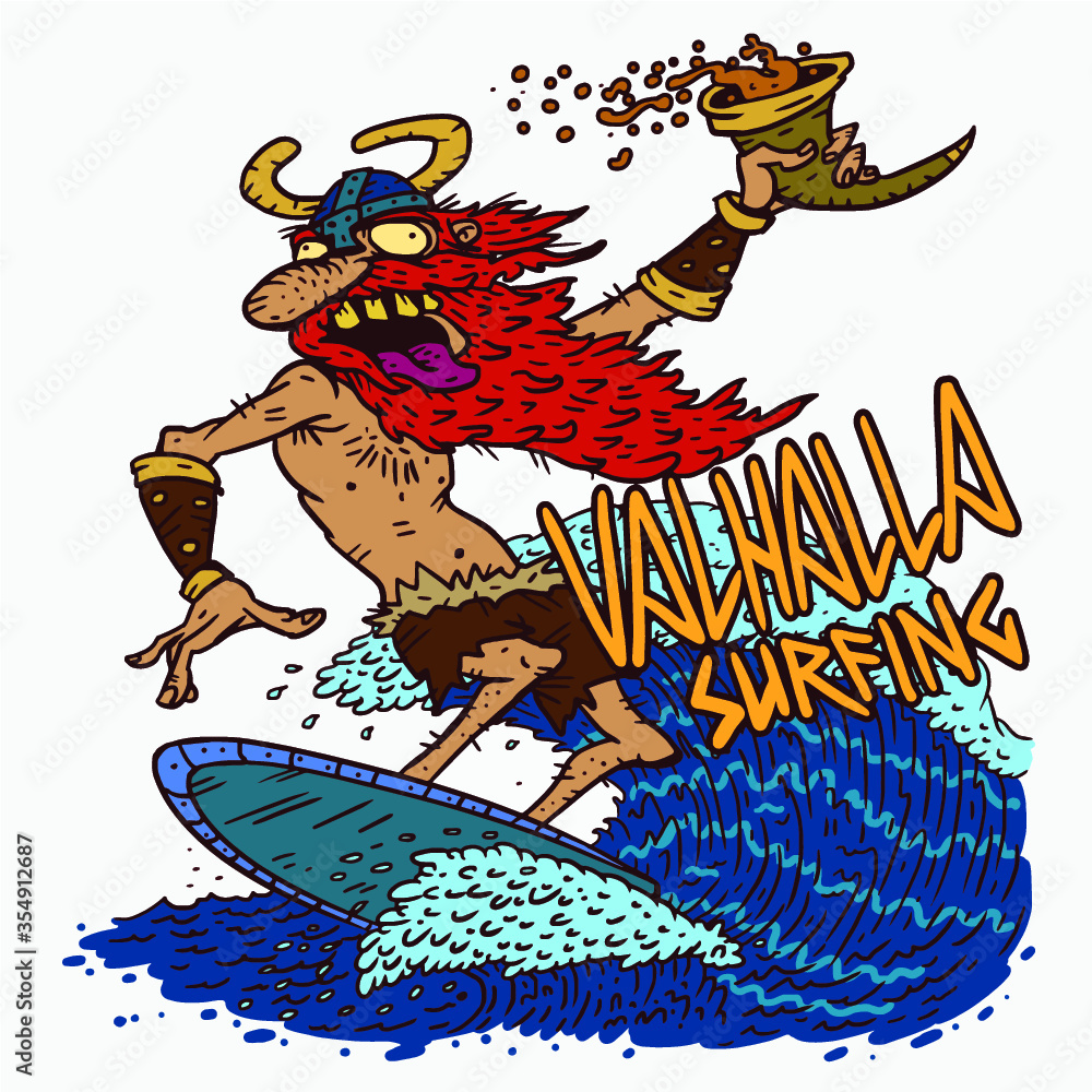 Brutal crazy cartoon Viking with beer surf on the crest of the wave and ...