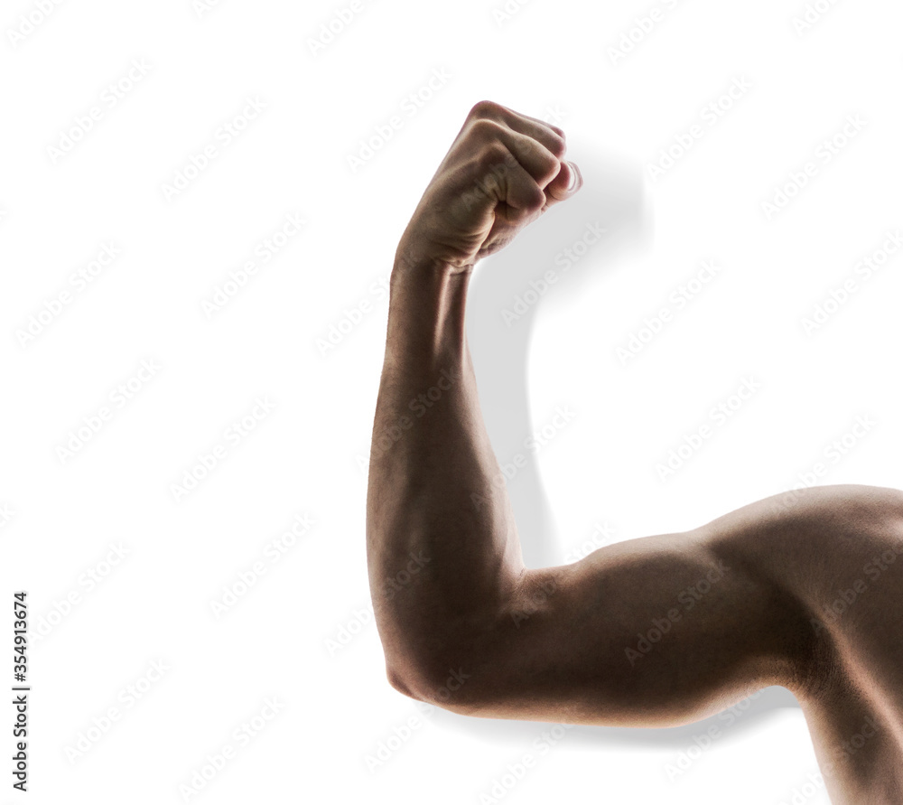 The strong and muscular arm of a trained man in front of white ...