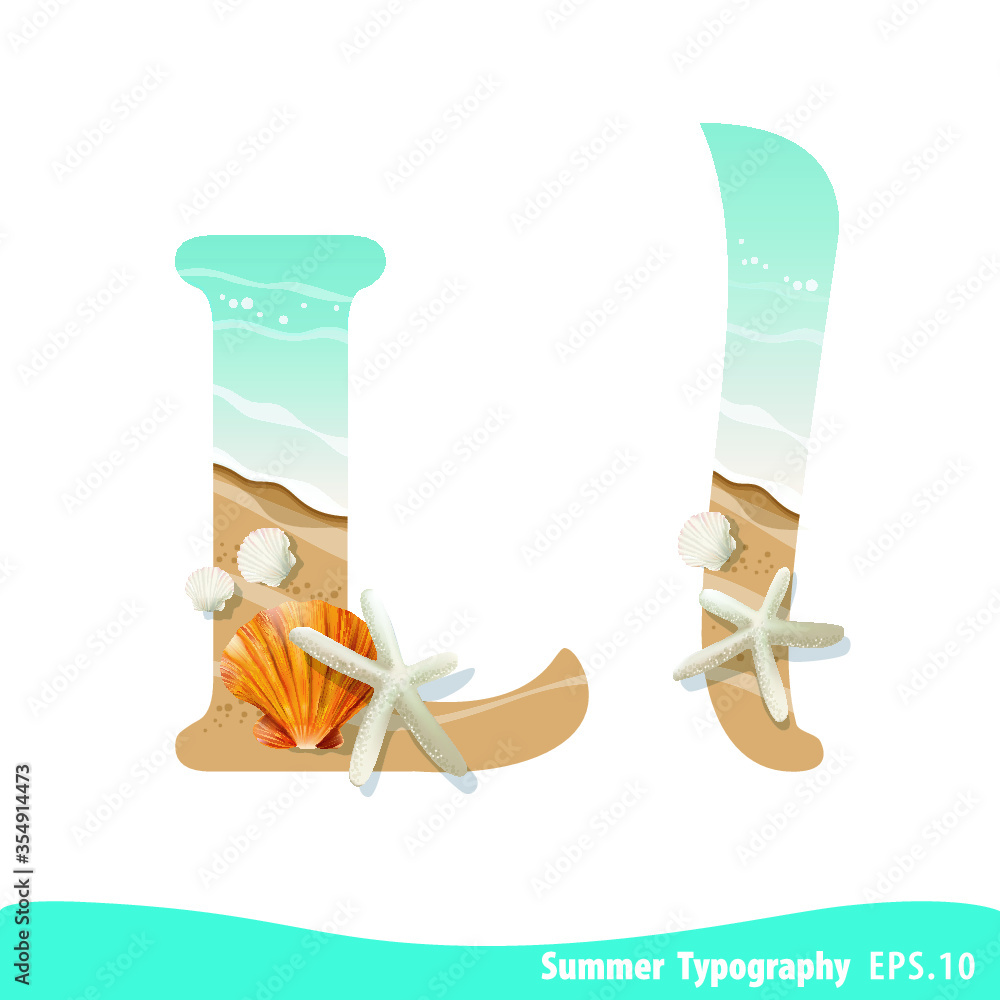 Summer alphabet Letter L. Seashells on the beach. Vector illustration ...