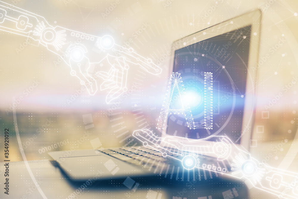 Double exposure of desktop with computer on background and tech theme ...