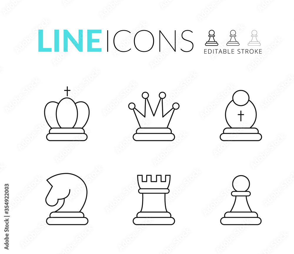 Chess line icon set. Included icon king, queen, bishop, knight, rook ...