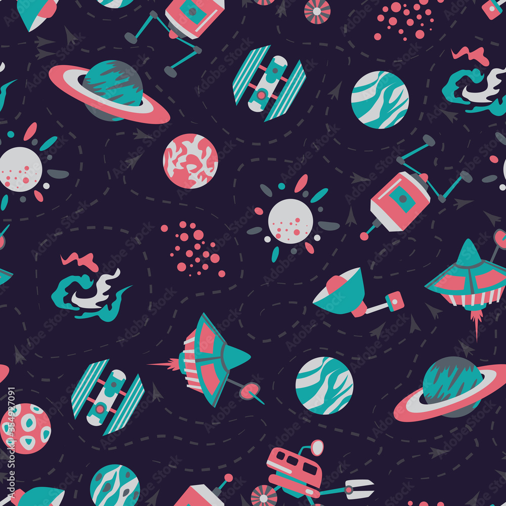 Seamless background with spaceships and stars, Space Pattern Stock ...