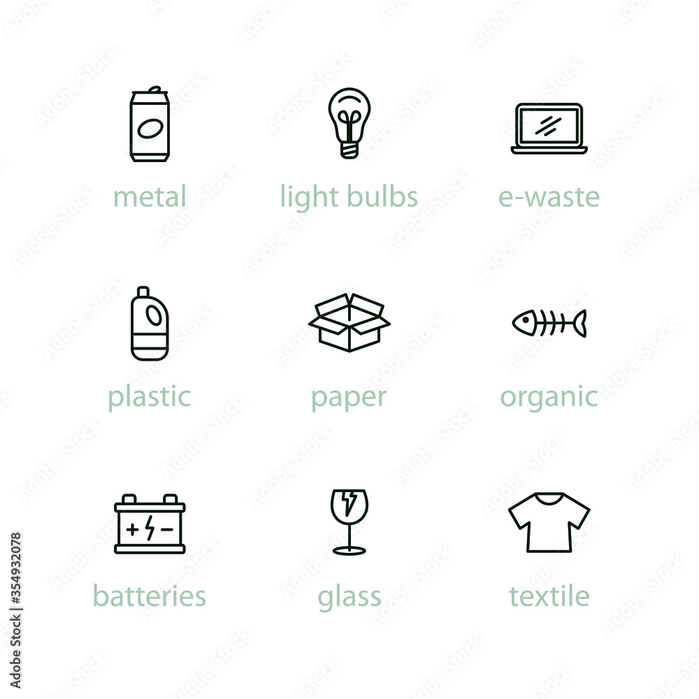 Sorting garbage outline icon set. Recycling, sorting waste. Thin line ...