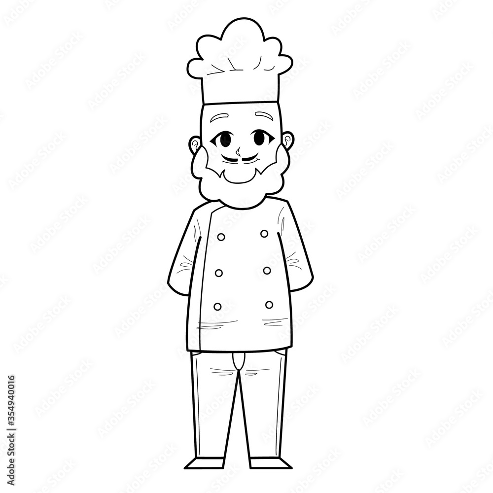 Cute Hand Drawn Outline or Line Drawing of Smiling Happy Young Man Chef ...