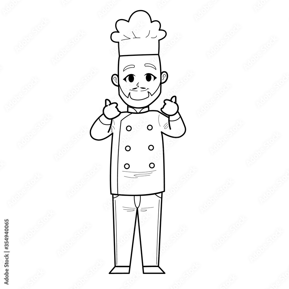 Cute Hand Drawn Outline or Line Drawing of Smiling Happy Young Man Chef ...