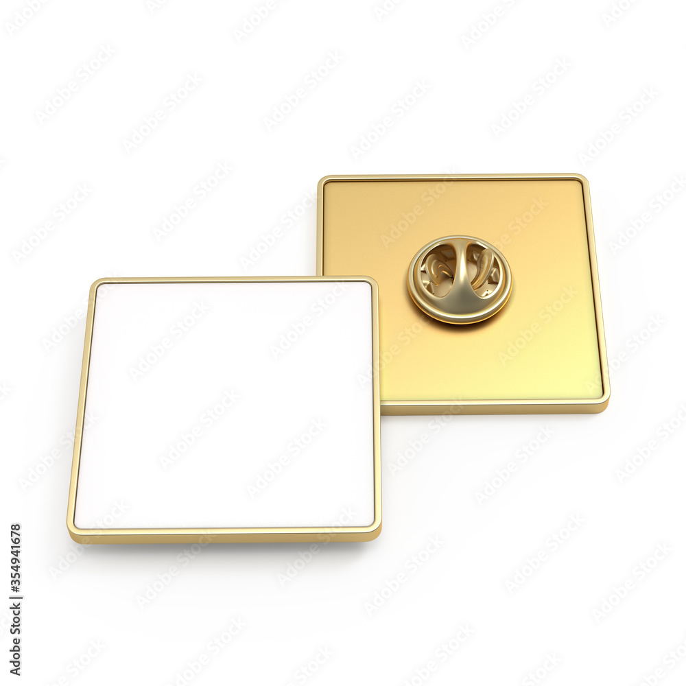 Empty metal square brooch. Gold color with white background. 3d mockup ...