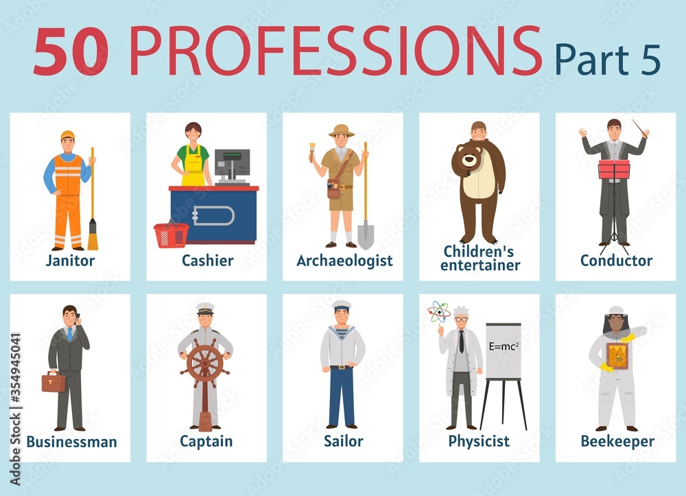 50 professions. Big set of professions in cartoon flat style for ...