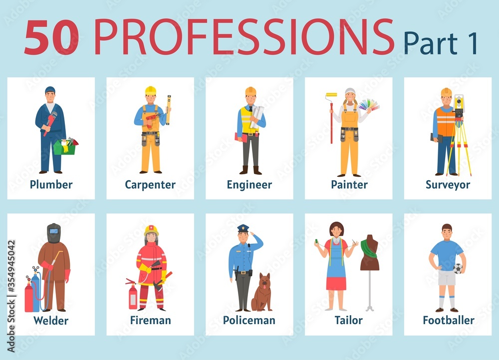 50 professions. Big set of professions in cartoon flat style for ...