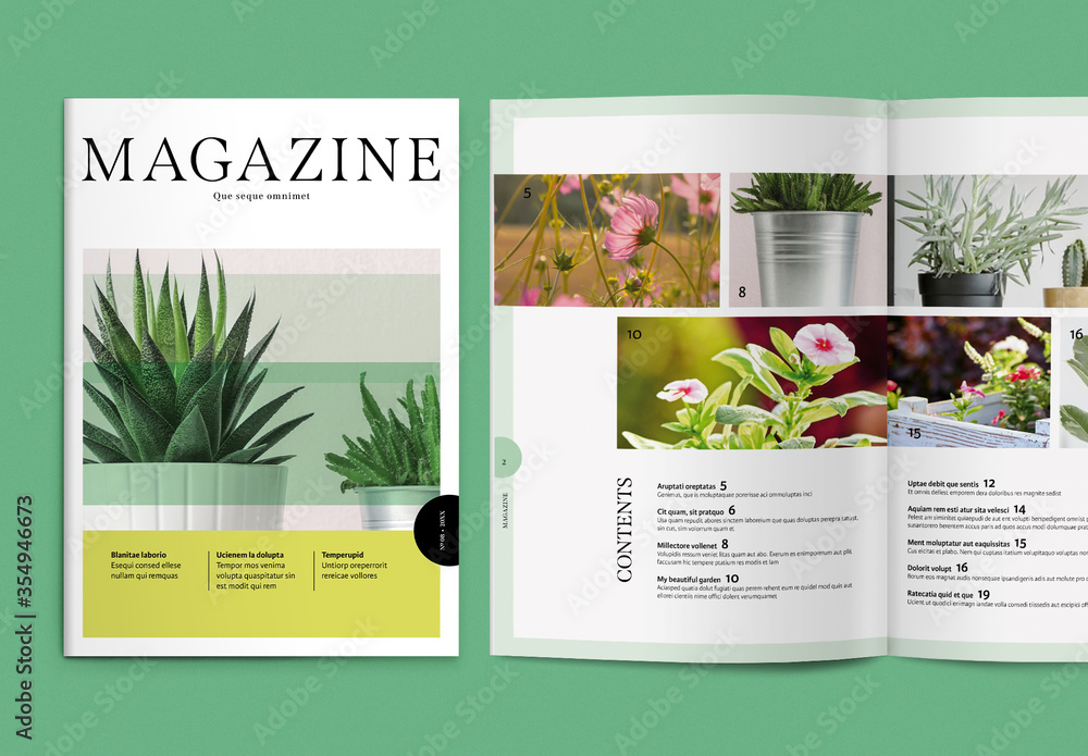 Magazine Layout with Green Accents Stock Template | Adobe Stock