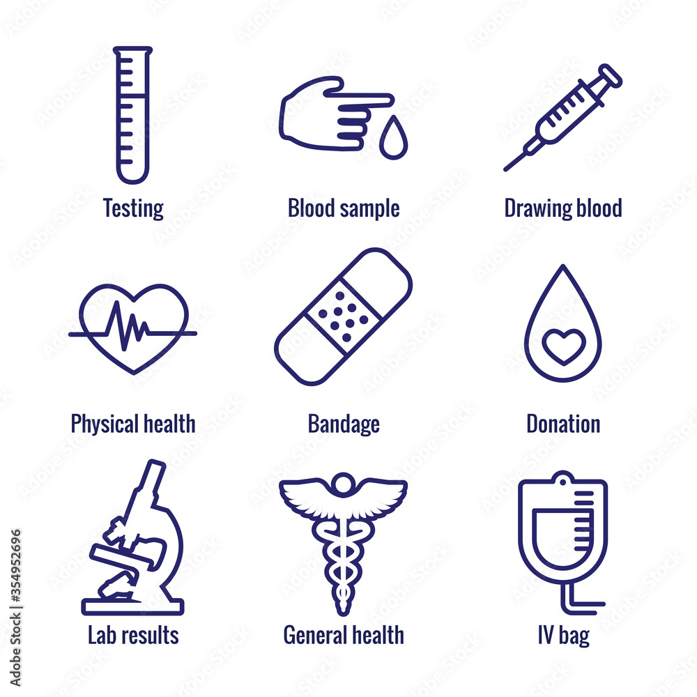 Blood testing and work icon set with syringe, donation, & blood sample ...